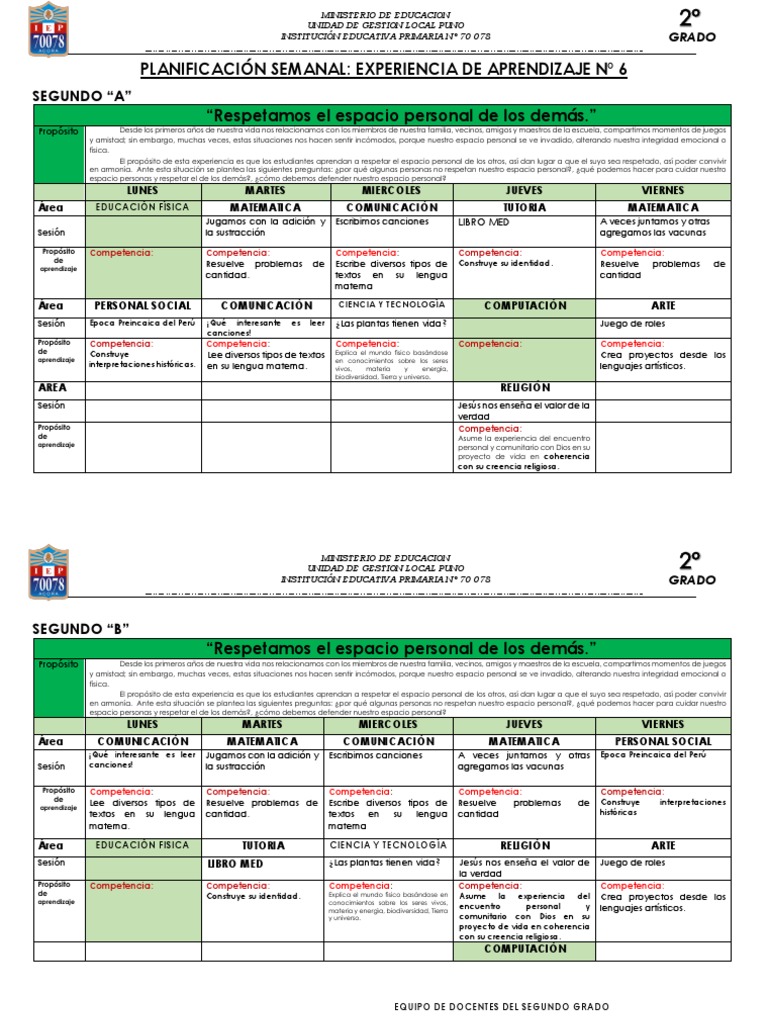 Planificación semanal para el aprendizaje sobre el respeto al espacio personal | PDF ...