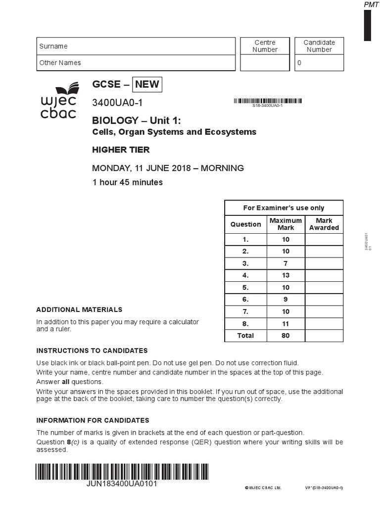 June 2018 QP - Unit 1 (H) WJEC Biology GCSE | PDF | Heart | Ventricle (Heart)