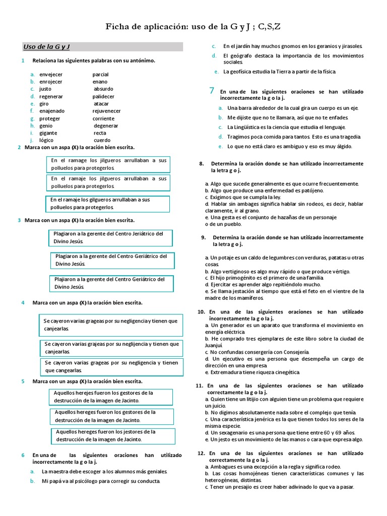 Ejercicios de ortografía: G, J, C, S, Z | PDF | Lingüística