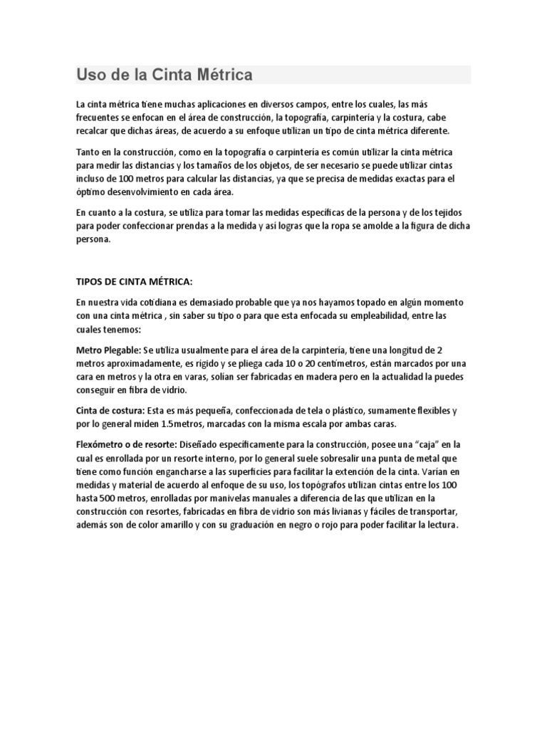 Usos y Tipos de Cinta Métrica | PDF | Hogar, jardinería y bricolaje | Arte