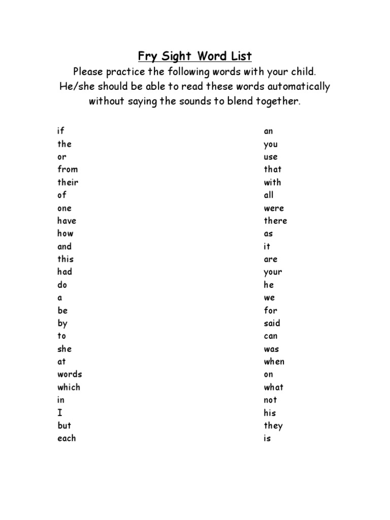Fry Sight Word Practice List | PDF