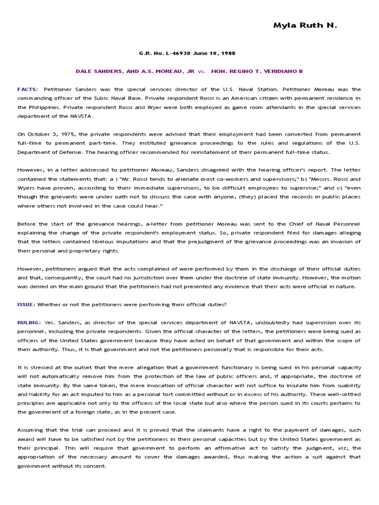 Sanders v. Veridiano Case Summary | PDF | Lawsuit | Damages