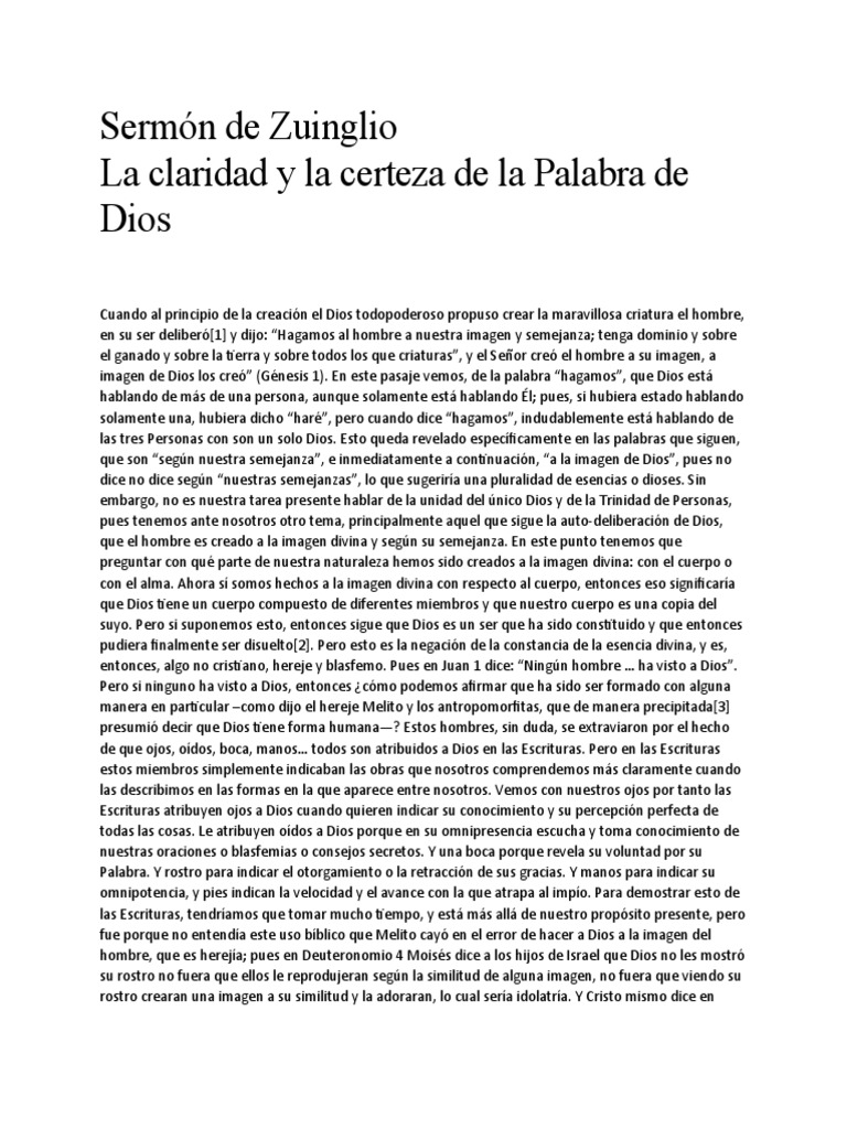 Sermon 3 Zwunglio Sobre La Claridad y Certeza de La Palabra de Dios ...