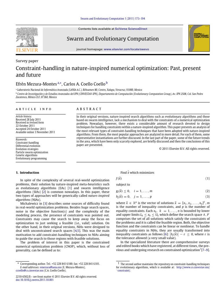 Constraint Handling In Nature Inspired Numerical Optimization Past Present And Future Pdf