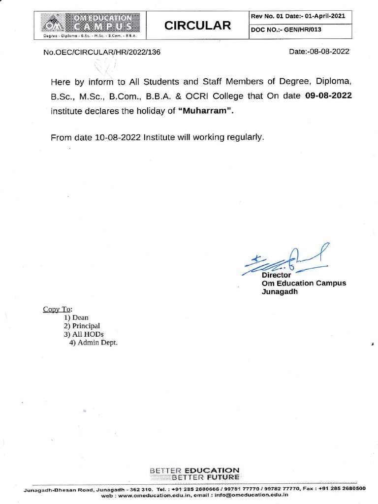 Holiday Circular - Mohram 9th AUG 2022 | PDF