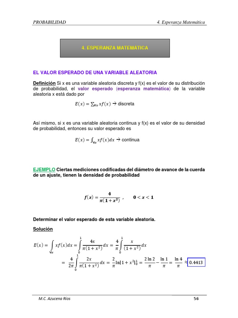 PROBABILIDAD (4) Esperanza Matemática | PDF | Valor esperado | Variable aleatoria