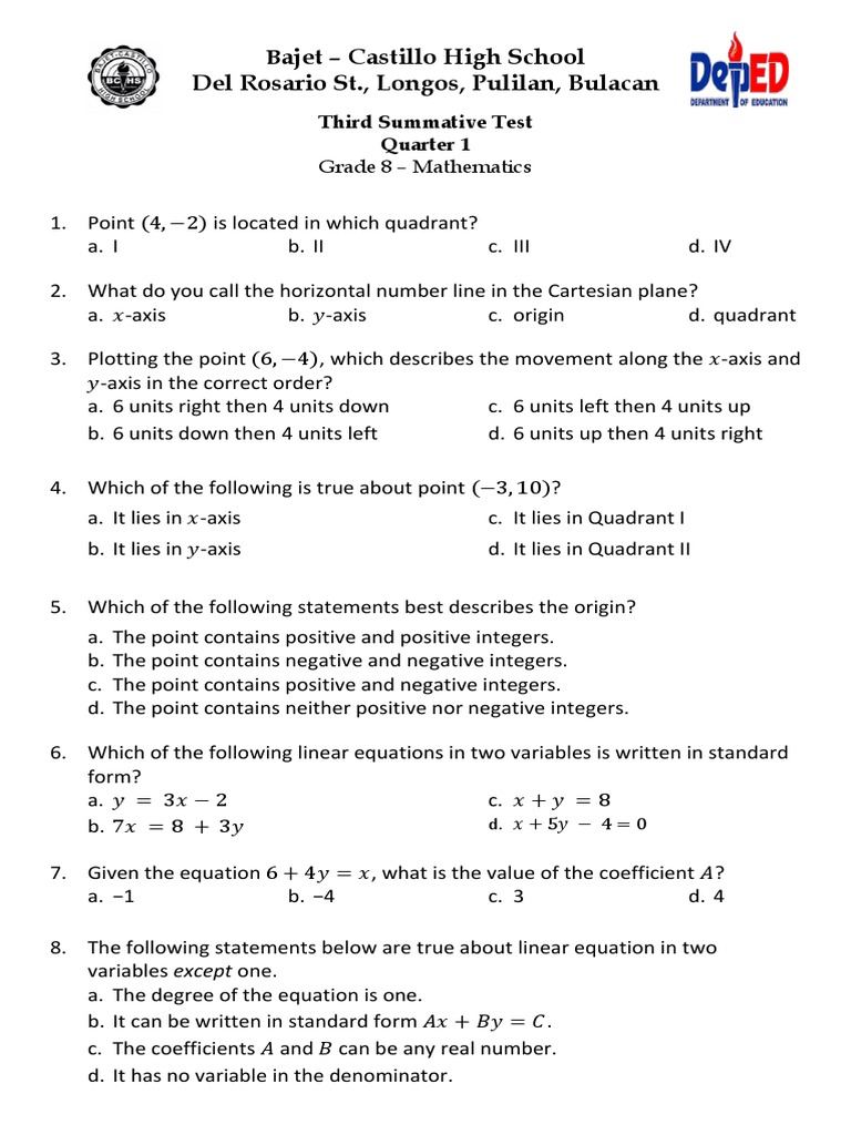 Summative Test No. 3 | PDF | Equations | Cartesian Coordinate System