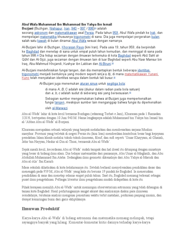 Abul Wafa Muhammad Ibn Muhammad Ibn Yahya Ibn Ismail Buzjani | PDF | Sejarah