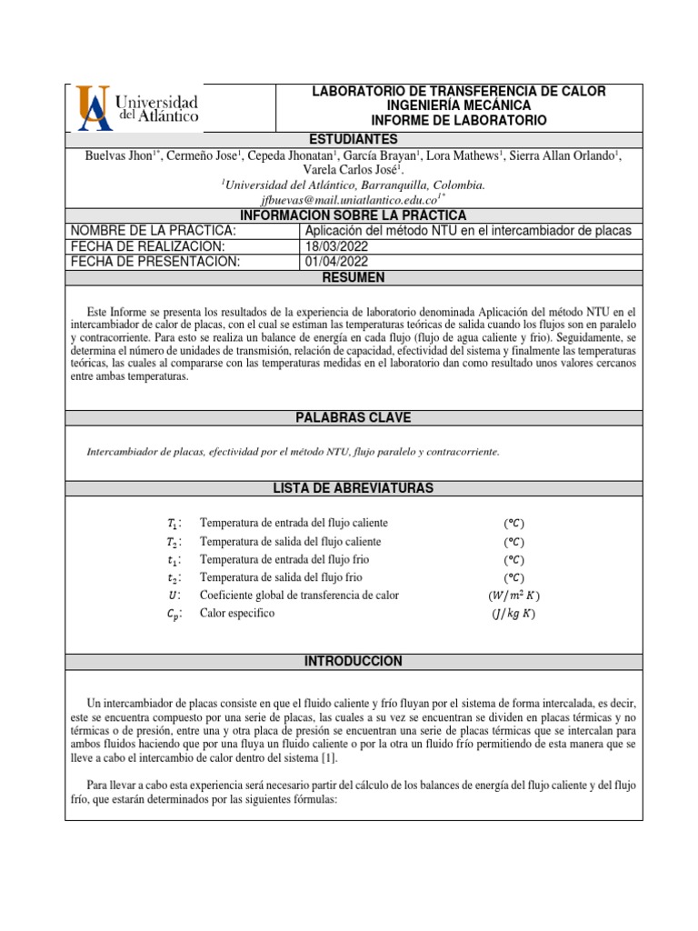 Practica V. Aplicación Del Método NTU en El Intercambiador de Placas | PDF | Intercambiador de ...