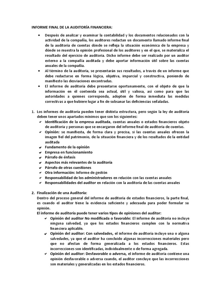 Informe Final de La Auditoría Financiera | PDF | Auditoría | Estado financiero