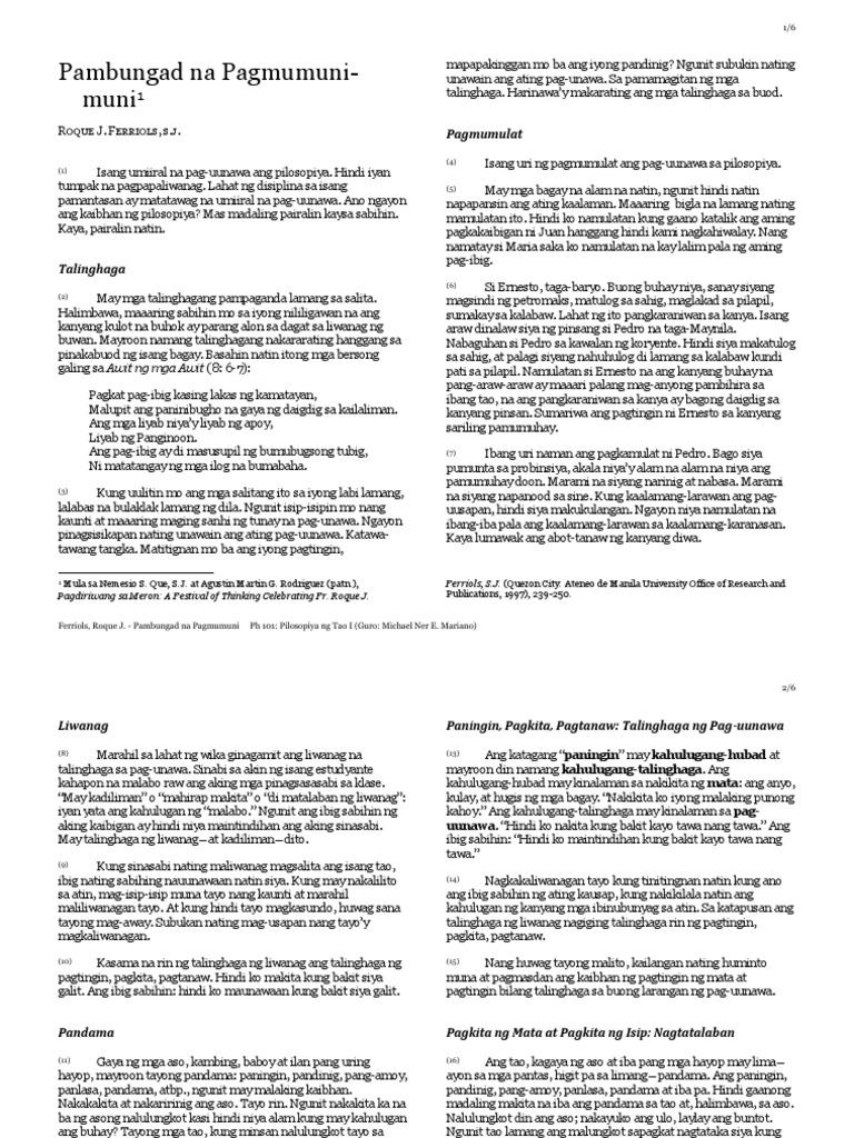 Ferriols, Roque J. - Pambungad Na Pagmumuni | PDF