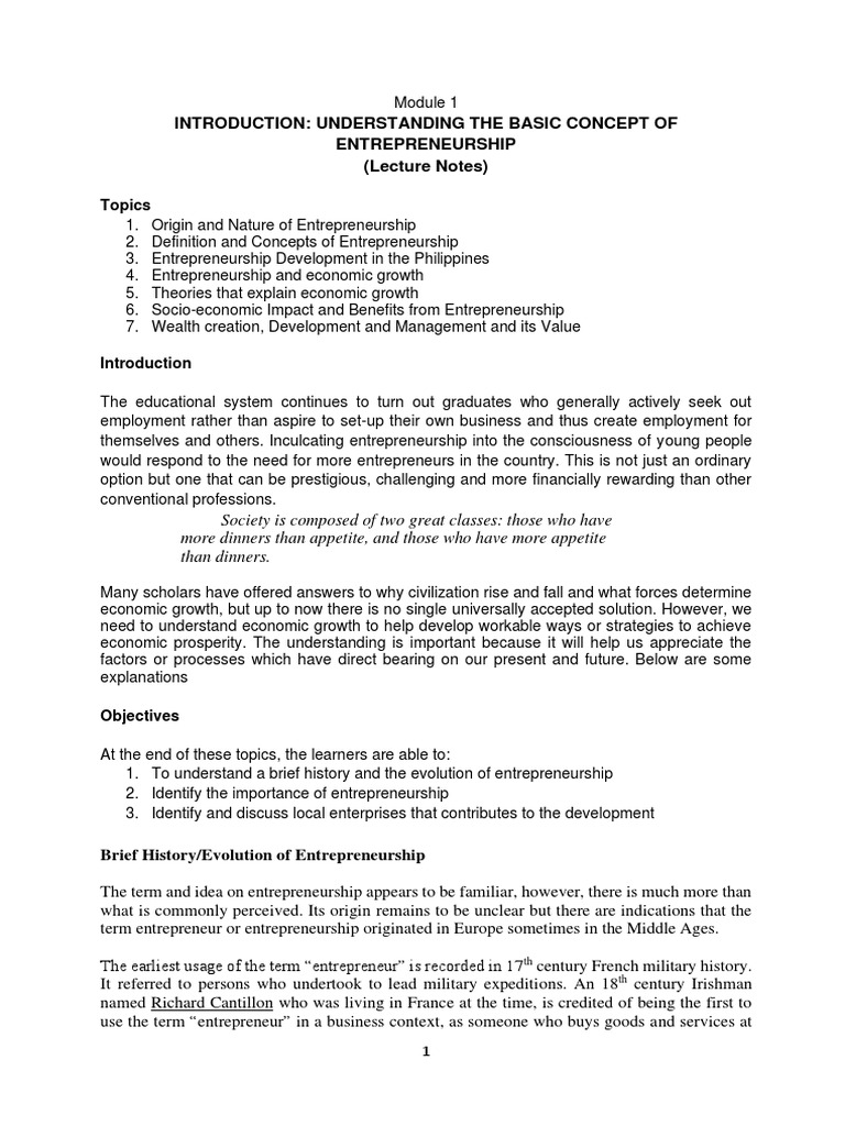 Module 1 Pdf Handout 1 Introduction Basic Concepts Of Entrepreneurship Pdf Entrepreneurship 