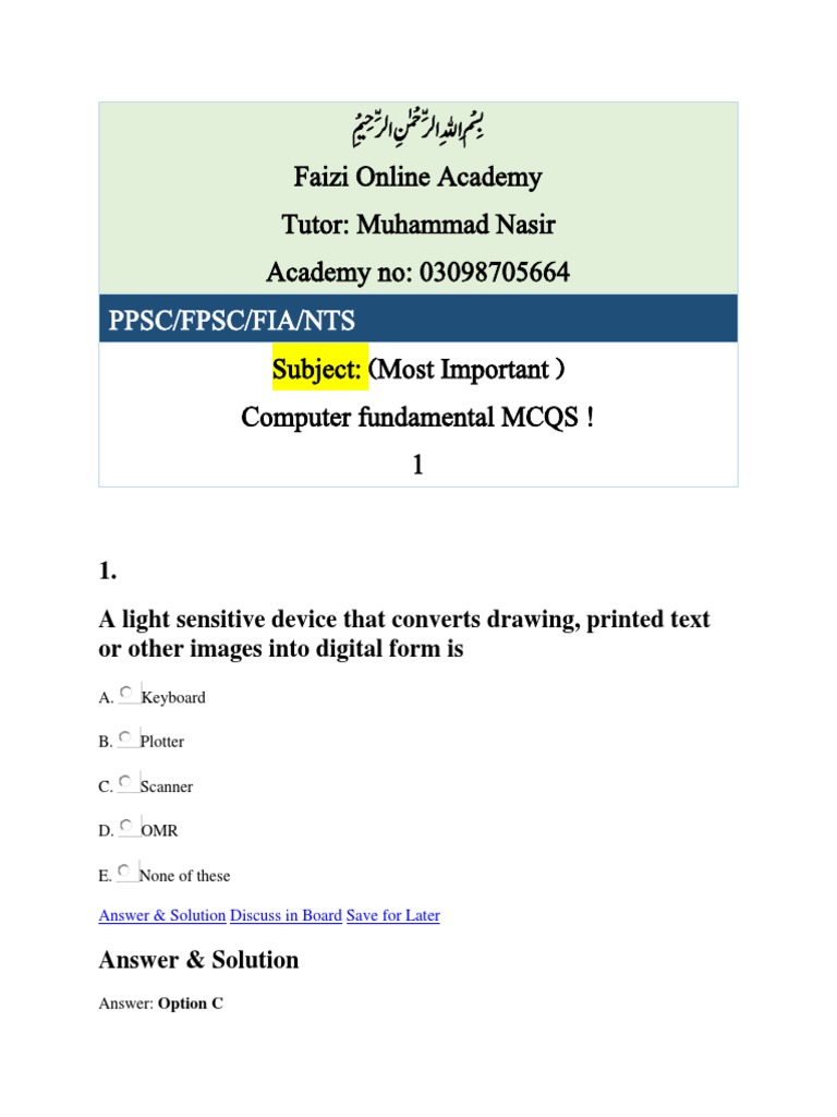 1 Computer Fundamental MCQS PPSC FPSC NTS Sir Nasir Notes PPSC FPSC NTS ...