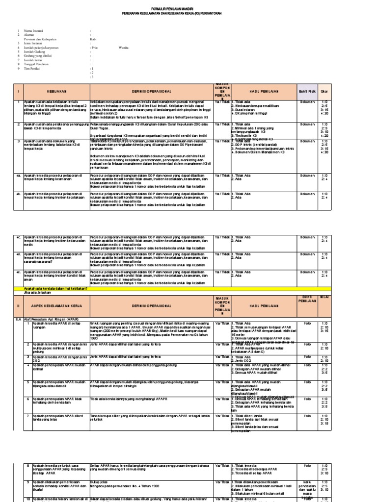 Penilaian K3 Perkantoran: Formulir dan Prosedur | PDF