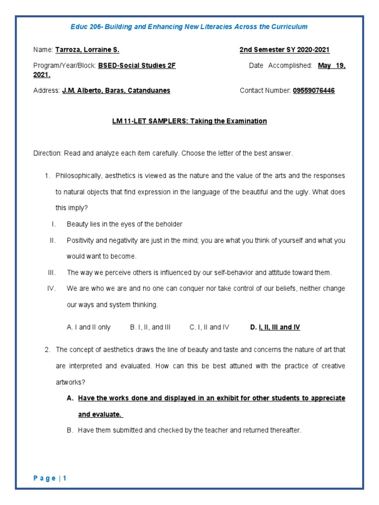 Educ 206 LM 11 Answer | PDF | Aesthetics | Beauty