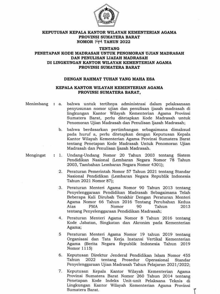 SK Kode Madrasah OK | PDF