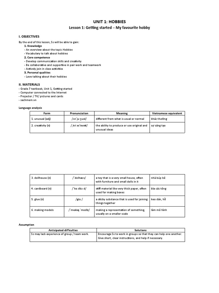 TA7-Unit 1 | PDF | Vocabulary | Hobbies