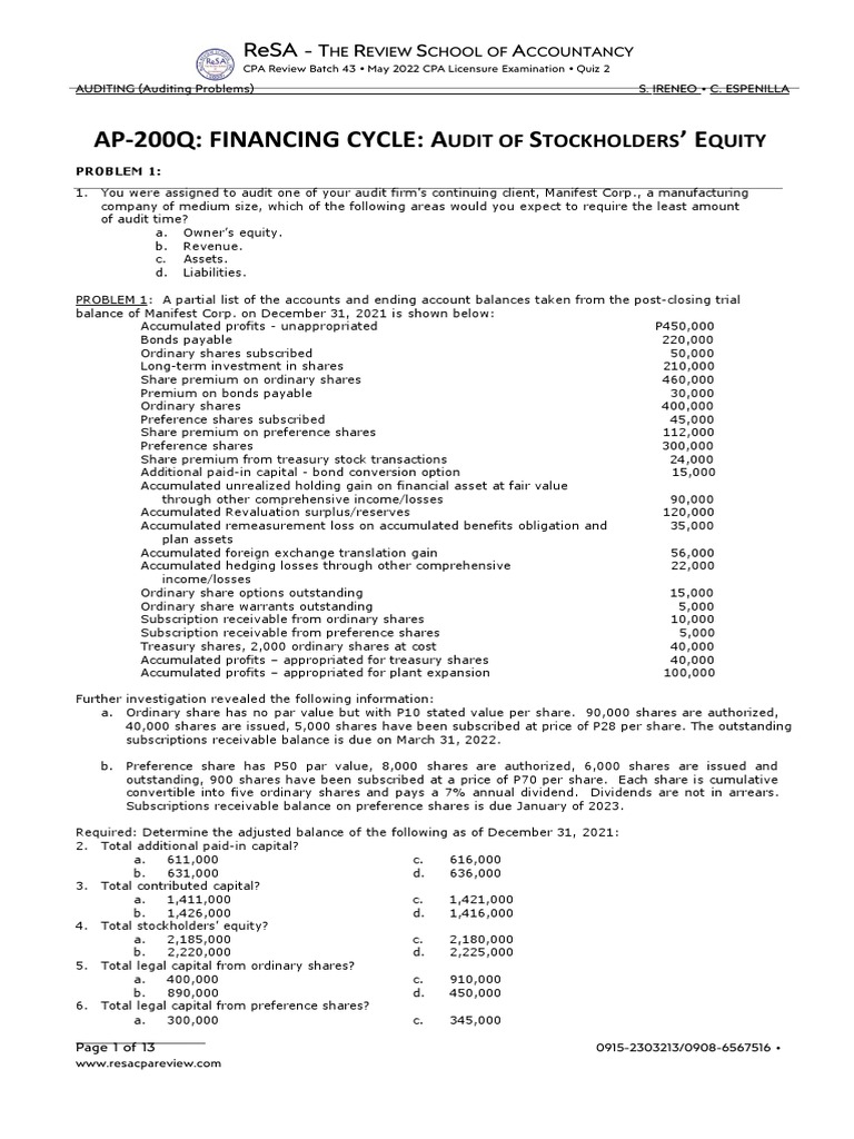 ReSA AP Quiz 2 B43 | PDF | Treasury Stock | Stocks