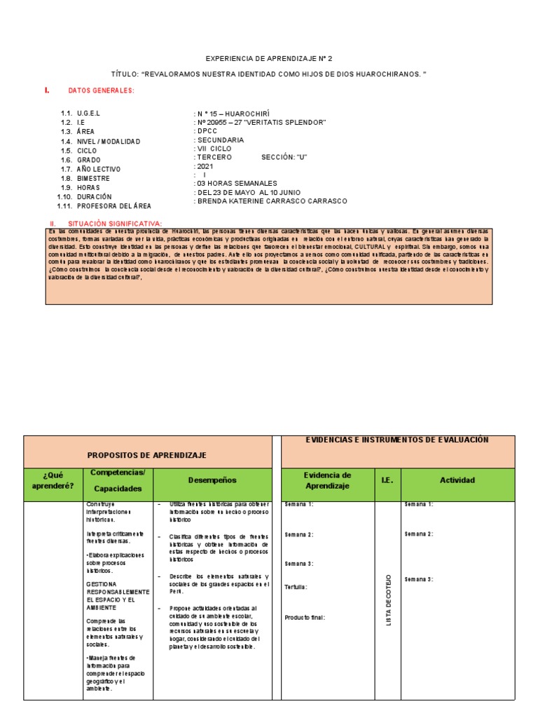 Experiencia de Aprendizaje DPCC | Descargar gratis PDF | Aprendizaje | Evaluación