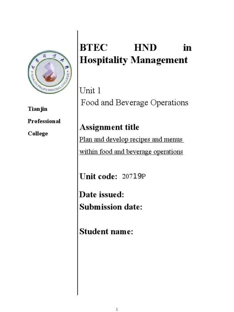 Btec HND in Hospitality Management: Unit 1 Food and Beverage Operations ...