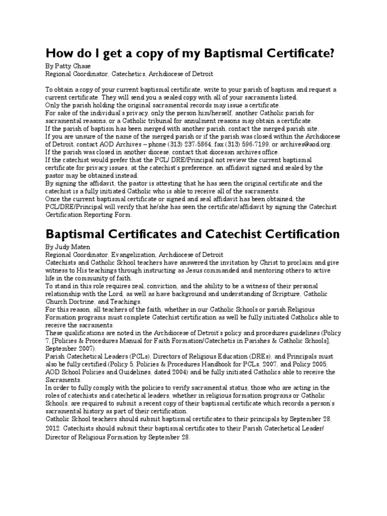 How Do I Get A Copy of My Baptismal Certificate | PDF | Catechism ...