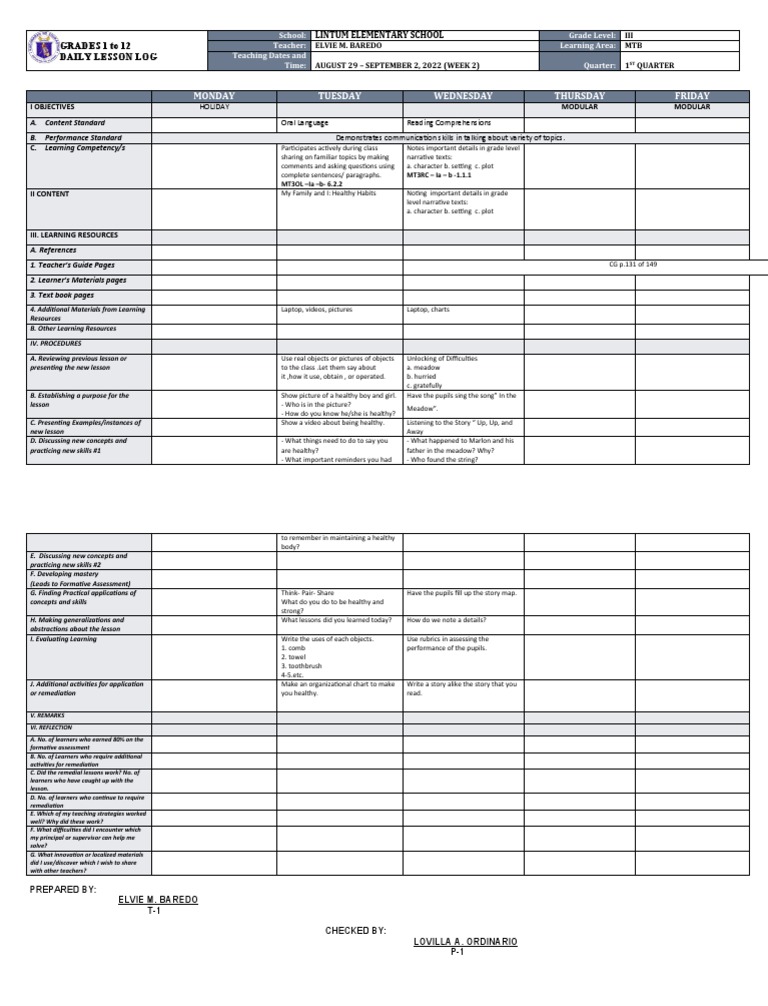 DLL 2022-2023 - MTB 3 - Q1 - W2 | PDF | Learning | Pedagogy