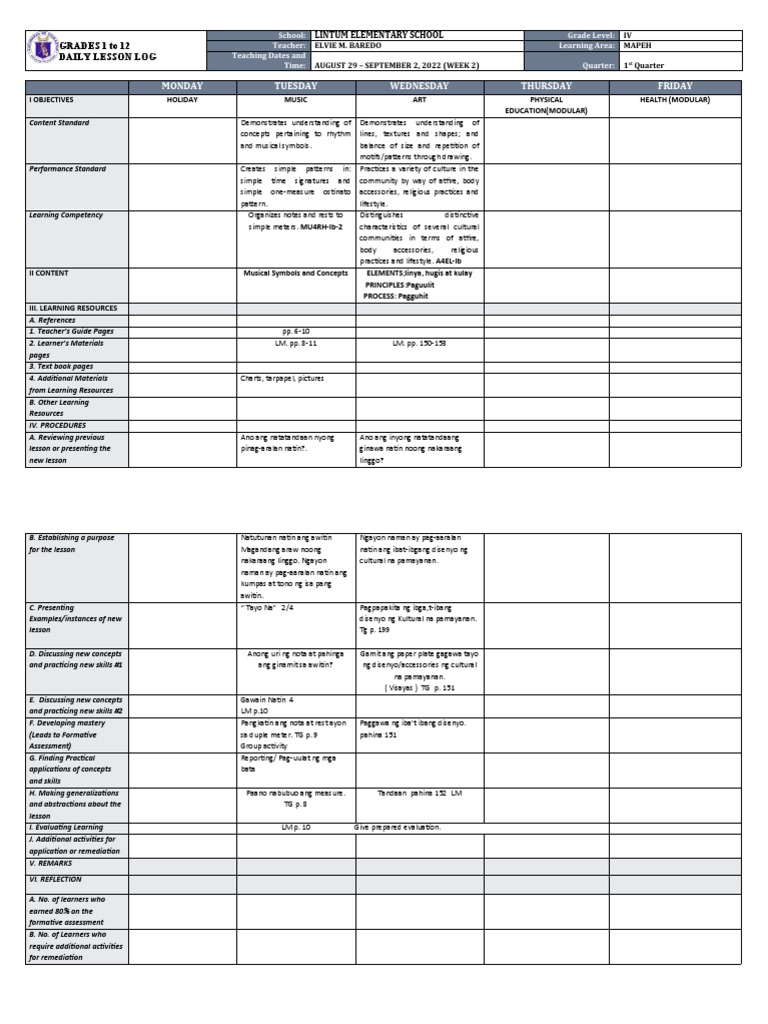 DLL 2022-2023 - Mapeh 4 - Q1 - W2 | PDF | Learning | Cognition