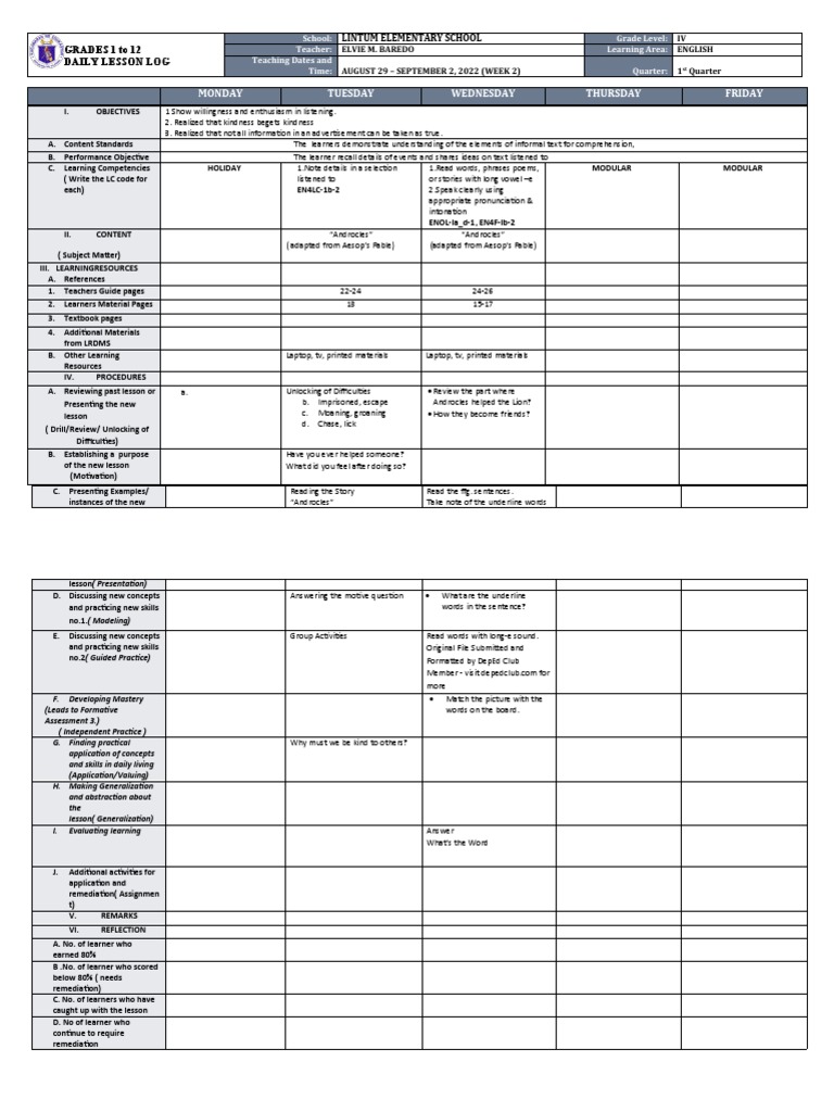 DLL 2022-2023 - English 4 - Q1 - W2 | PDF | Learning | Cognition