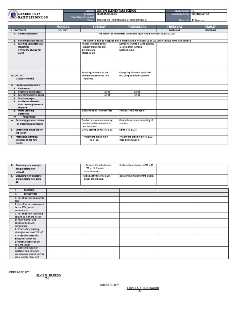 DLL 2022-2023 Mathematics 4 q1 w2 | PDF | Learning | Teachers