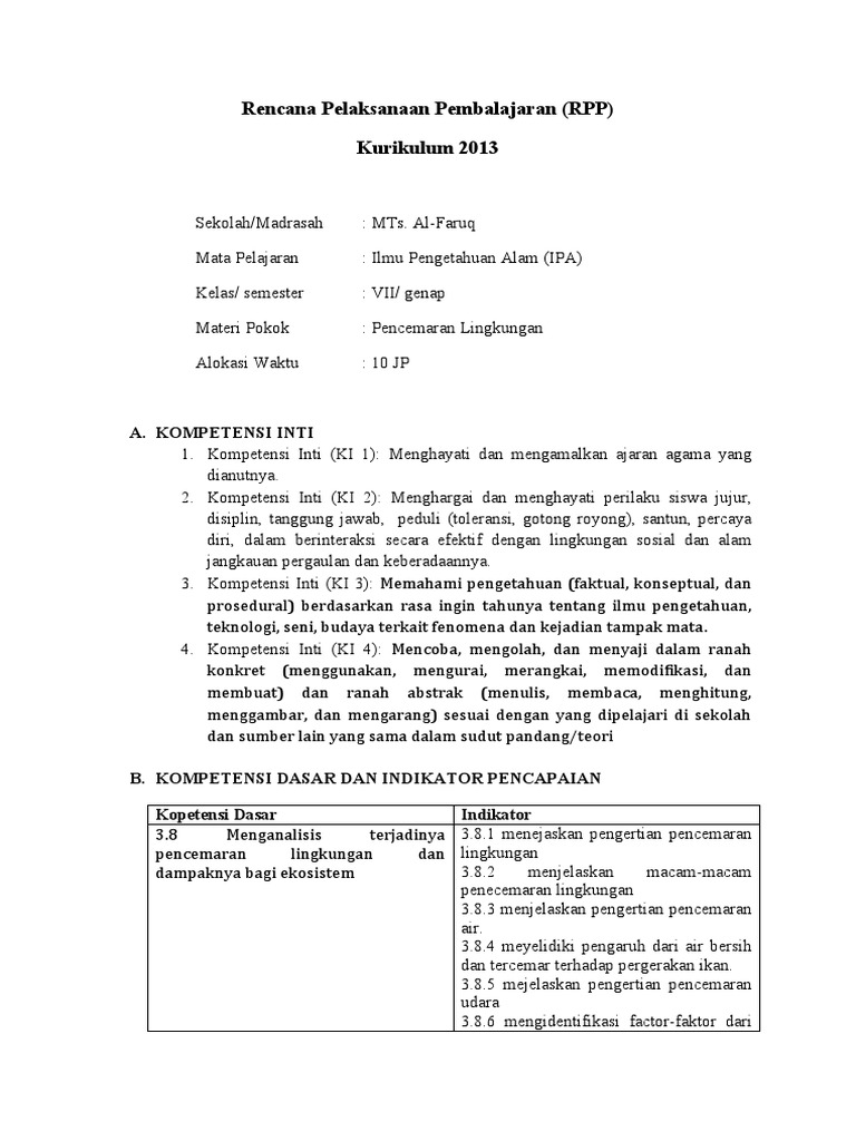 RPP KD 3.8 Pencemaran Lingkungan Dan Dampaknya | PDF