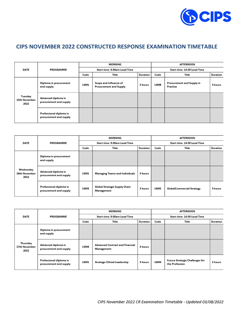 CIPS CR Timetable NOV 22 | PDF | Procurement | Business