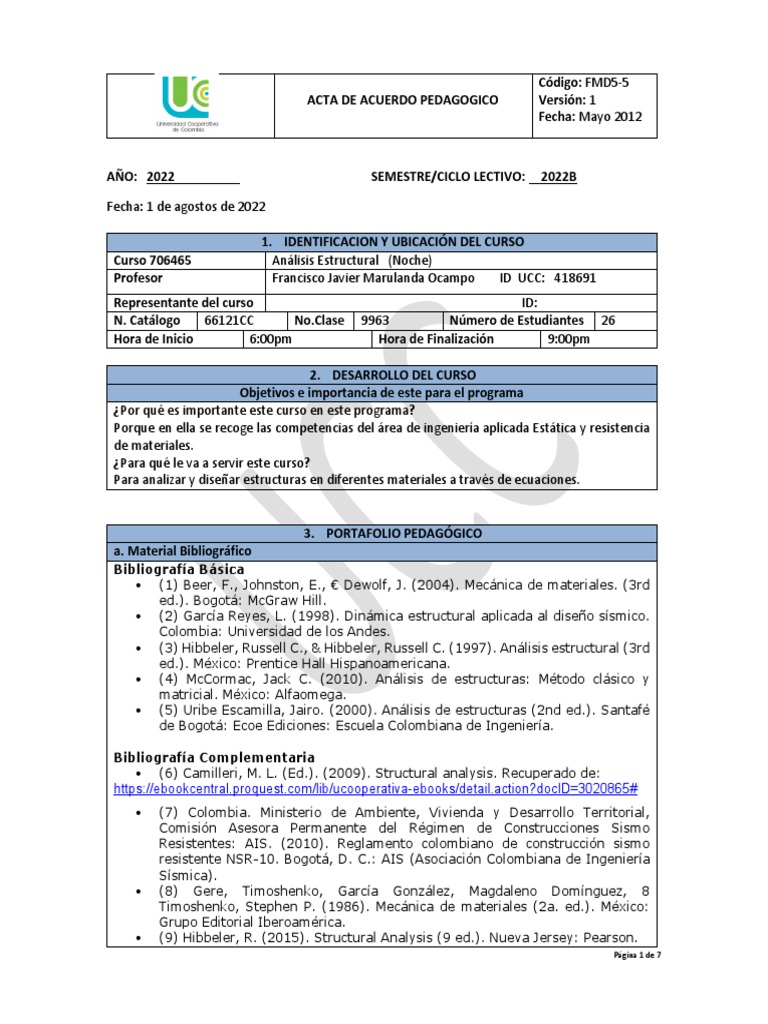 Acuerdo Pedagogico Analisis Estructural 2021B - 4750 Dia 10 Ago 2021 | PDF | Pandeo | Ingeniería