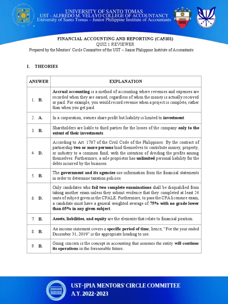 UST Financial Accounting Quiz Review | PDF | Debits And Credits | Expense