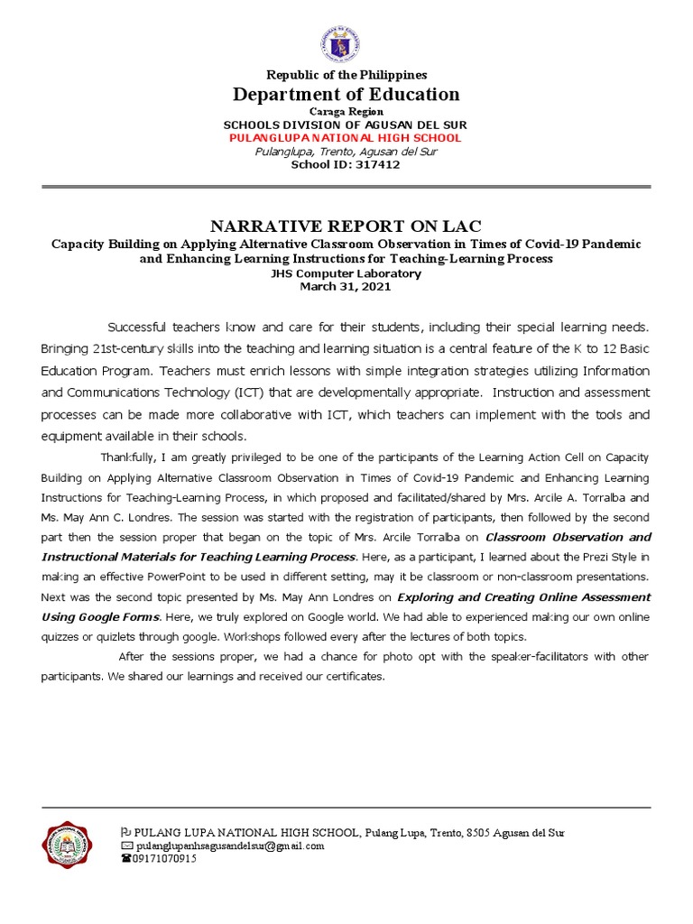 Department of Education: Narrative Report On Lac | PDF | Educational ...