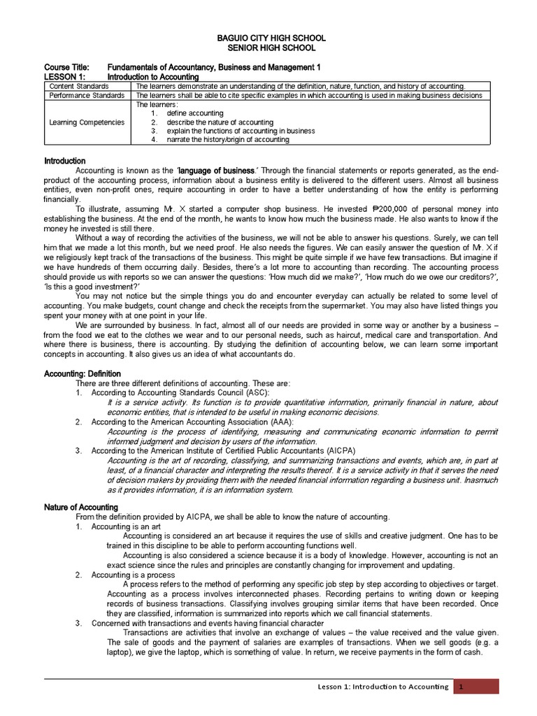 FABM1 Lesson-1-Introduction-to-Accounting | PDF | Accounting | Bookkeeping