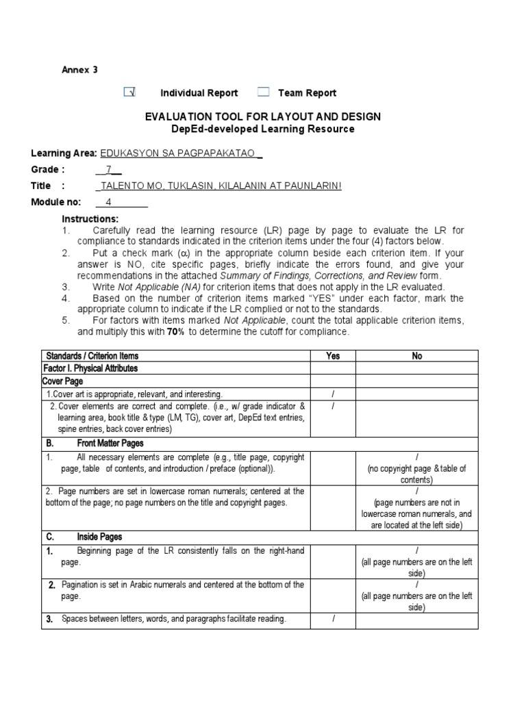 Evaluation Tool For Layout and Design Module 4 | PDF | Book Design | Text