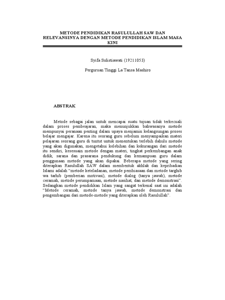 Metode Pendidikan Rasulullah Saw Dan Relevansinya Dengan Metode ...