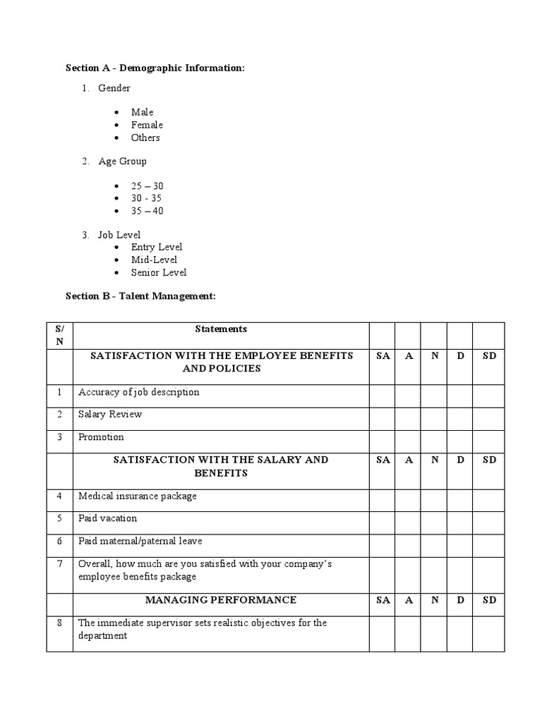 Talent Management On Retention QUestionnaire | PDF | Employee Retention ...