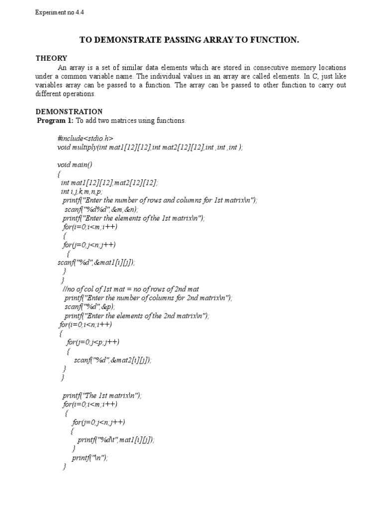 Labreport On Passing Array To Function In C Language Pdf Matrix Mathematics