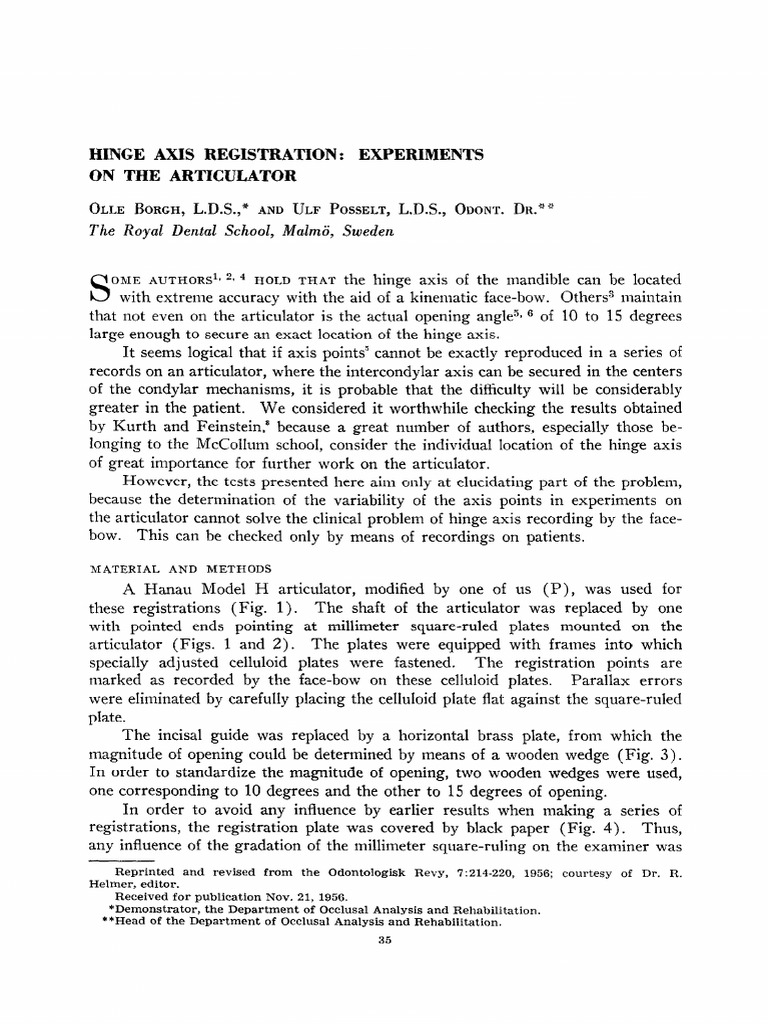 Borgh. Hinge Axis Registration - Experiments On The Articulator. (1958 ...