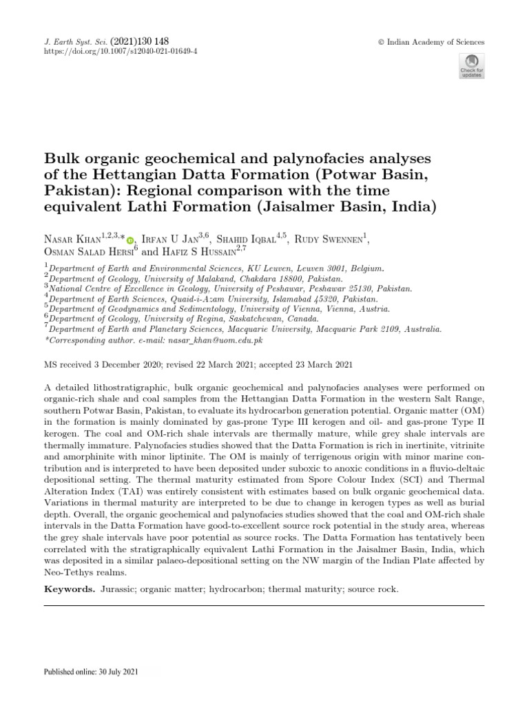 Khan Et Al., 2021 - Datta Formation | PDF | Sedimentary Rock | Geology