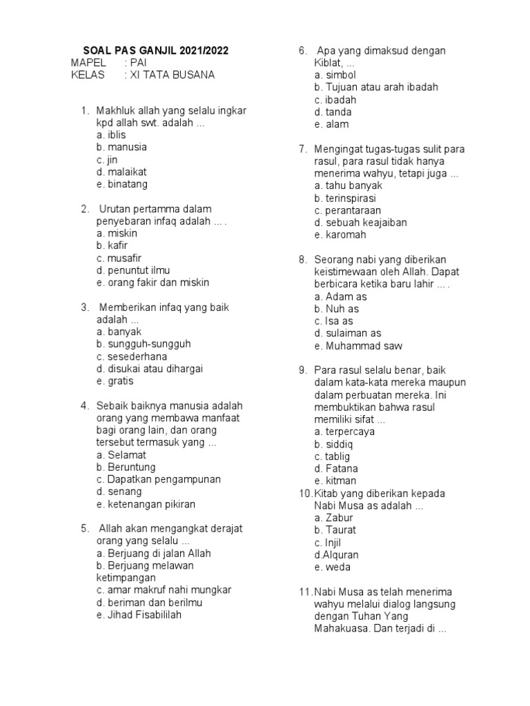Soal Pai - Xi Pas Ganjil 2021 | PDF