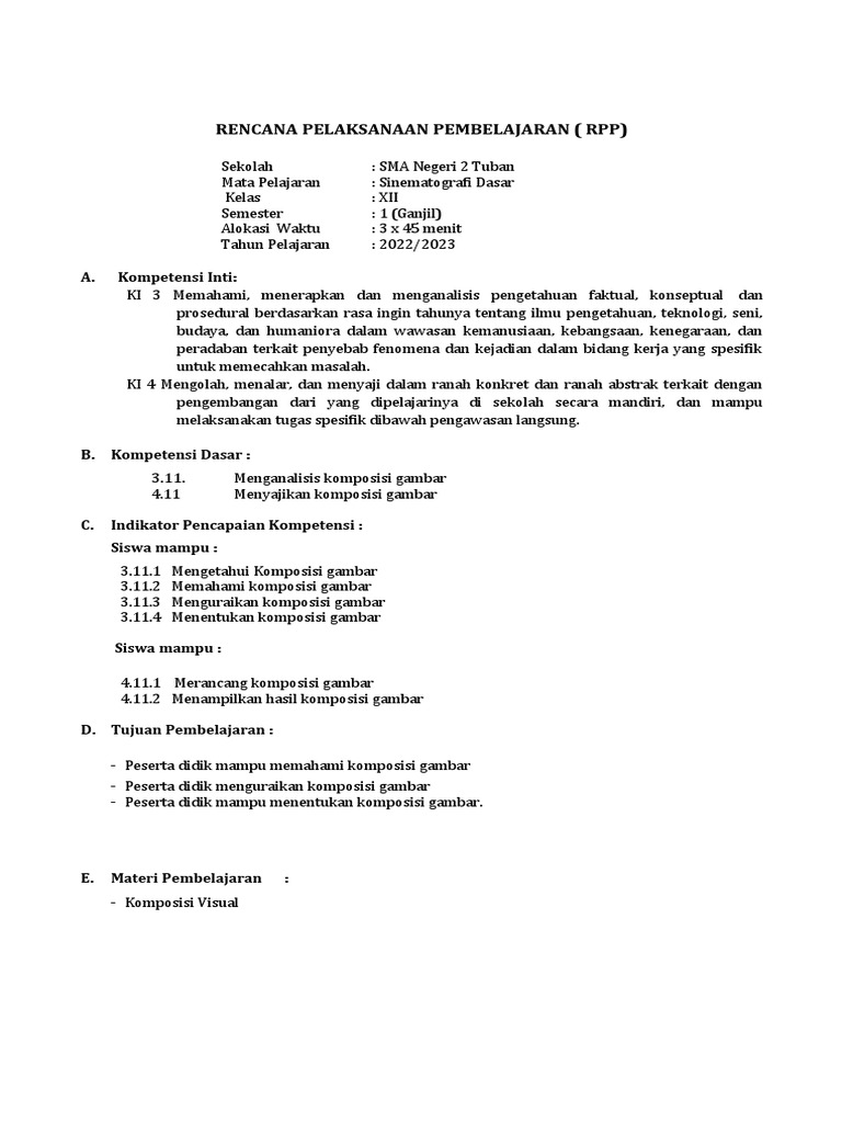 RPP Sinematografi Kelas XII Ganjil | PDF