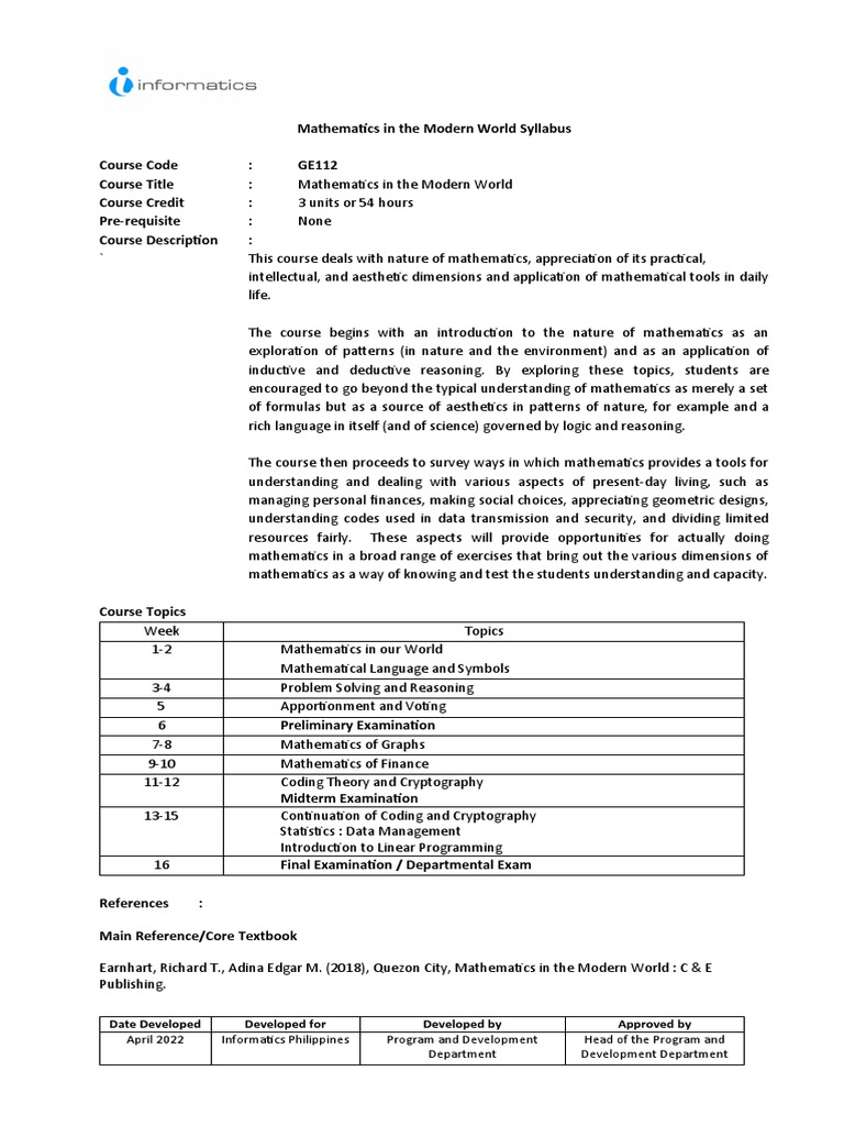 Mathematics in The Modern World Syllabus | PDF | Mathematics | Reason