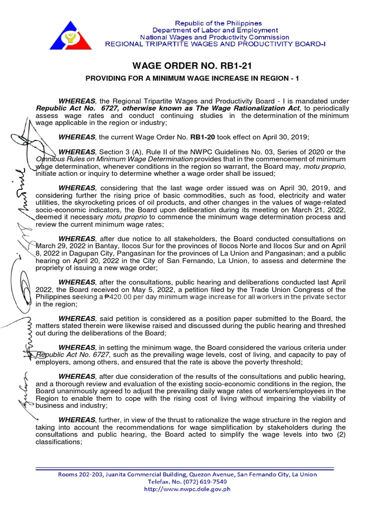 Wage Order - RB1 21 | PDF | Cost Of Living | Employment