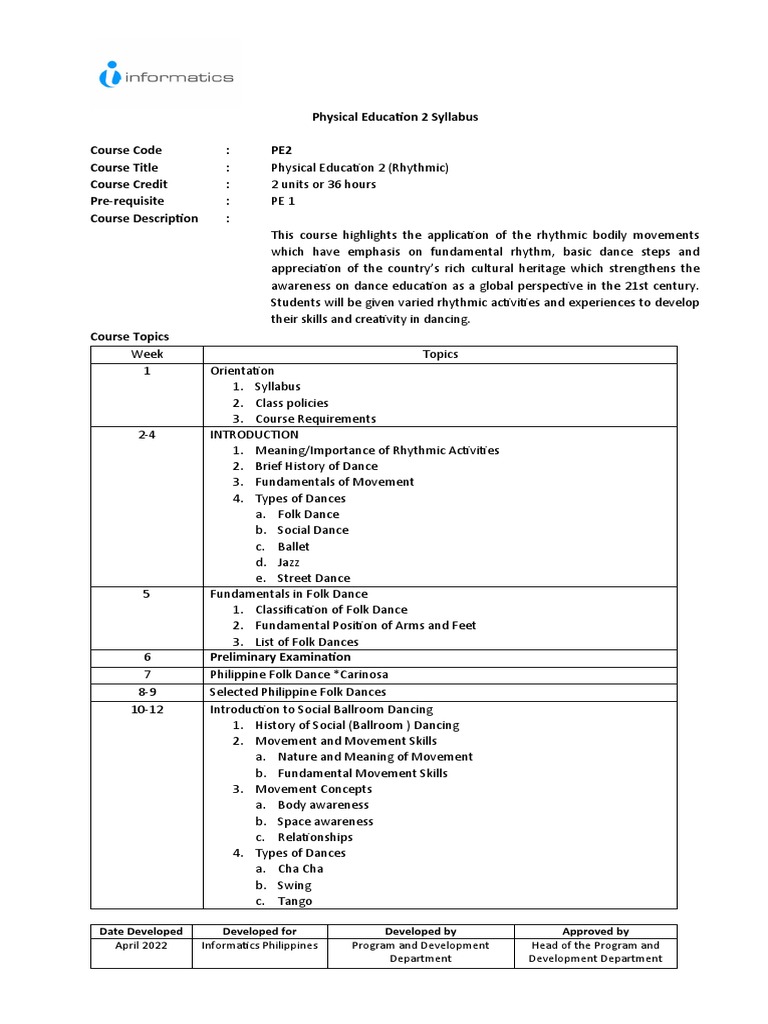 PE 2 (Rhythmic (Syllabus | PDF | Dances | Ballroom Dance