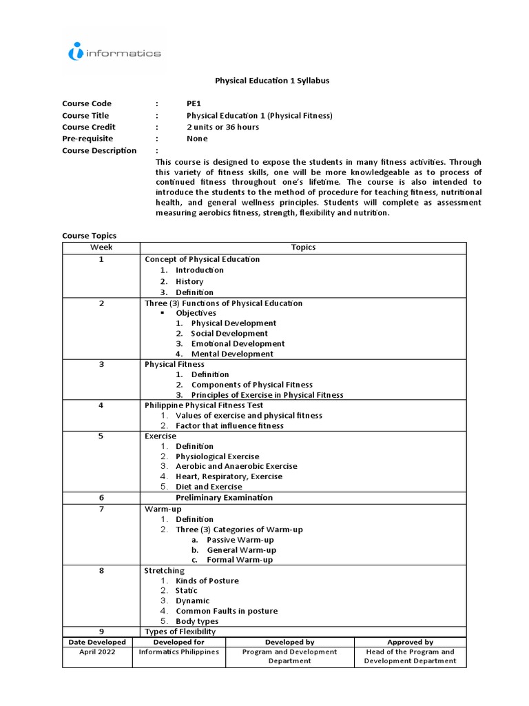 Physical Education 1 Course Syllabus | PDF | Physical Fitness ...