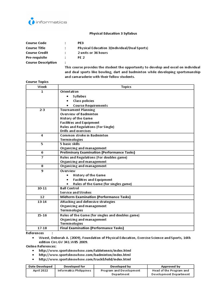 PE 3 Syllabus: Individual Sports Course | PDF | Physical Education