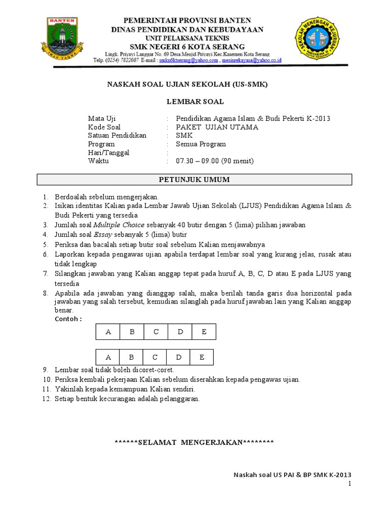Template Soal Us SMK Utama Ta 2021-2022 | PDF