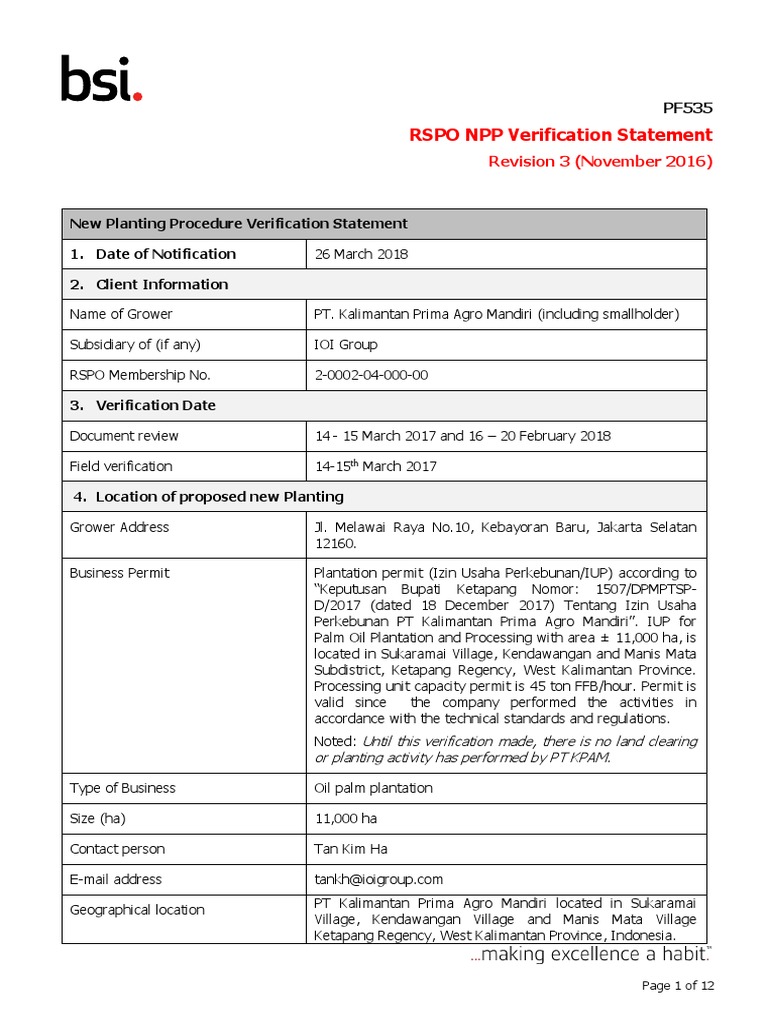 RSPO NPP Verification Statement PT KPAM Rev.5 20180522 | PDF ...